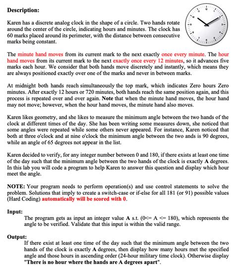Solved Description Karen Has A Discrete Analog Clock In The