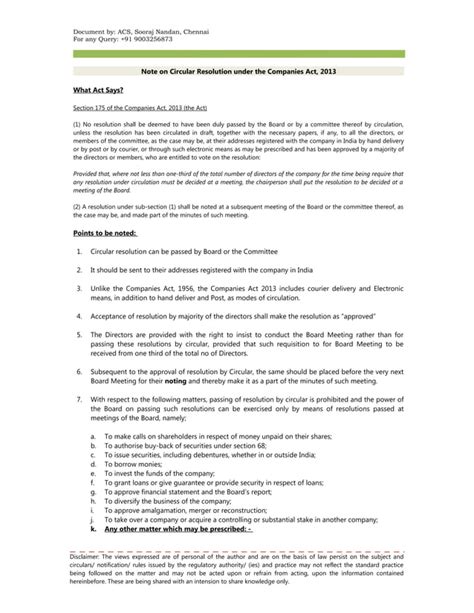 Note And Format On Circular Resolution Under The Companies Act 2013