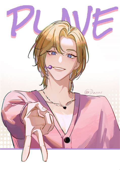 An Anime Character With Blonde Hair Pointing To The Side And Wearing A Pink Shirt That Says Pluve
