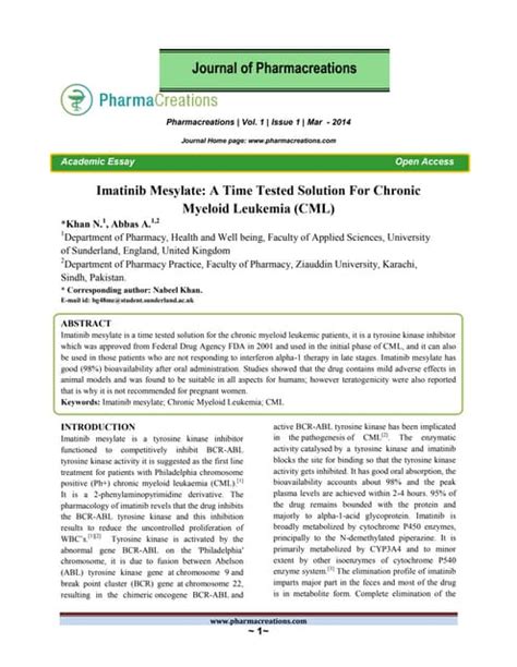 Imatinib Mesylate A Time Tested Solution For Chronic Myeloid Leukemia Cml Pdf