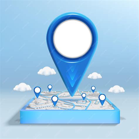 핀 위치 및 클라우드 3d 그림이 있는 도시 지도의 Gps 아이콘 모형 프리미엄 벡터