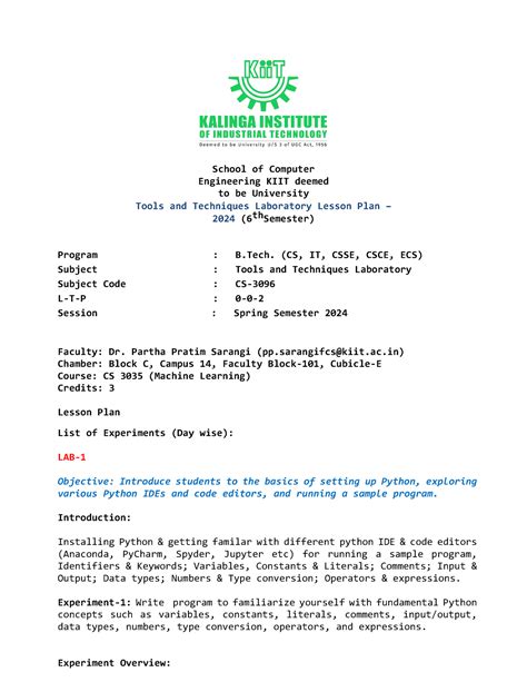 T And T Lab Lesson Plan School Of Computer Engineering Kiit Deemed To Be University Tools And