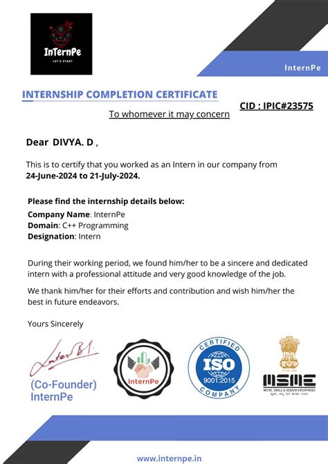 Excited To Announce That Ive Successfully Completed My Internship In C Intern At Internpe I