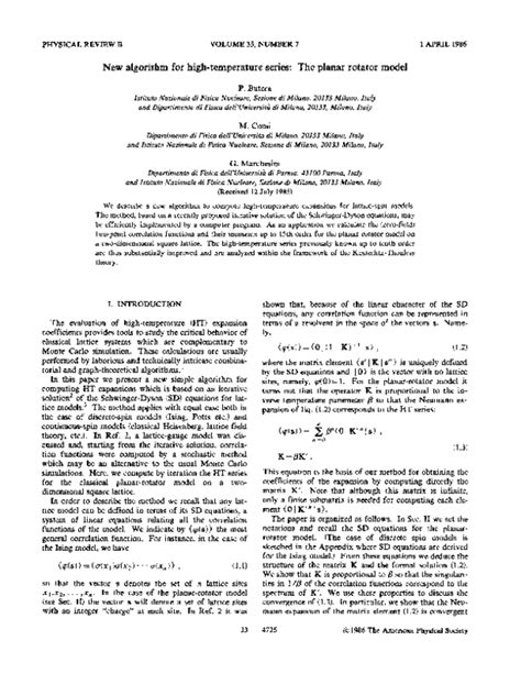 Pdf New Algorithm For High Temperature Series The Planar Rotator Model