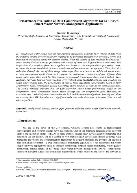 Pdf Performance Evaluation Of Data Compression Algorithms For Iot Based Smart Water Network