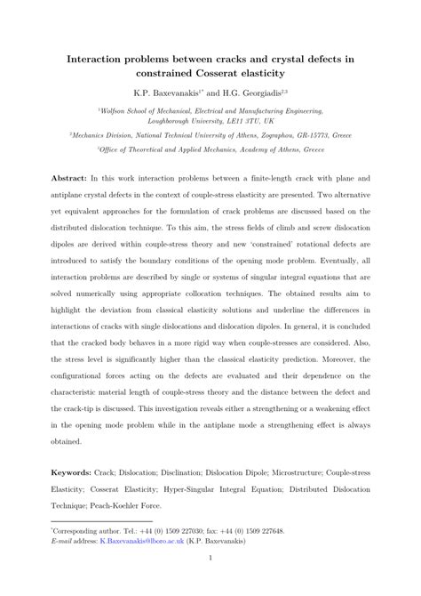 Pdf Interaction Problems Between Cracks And Crystal Defects In Constrained Cosserat Elasticity