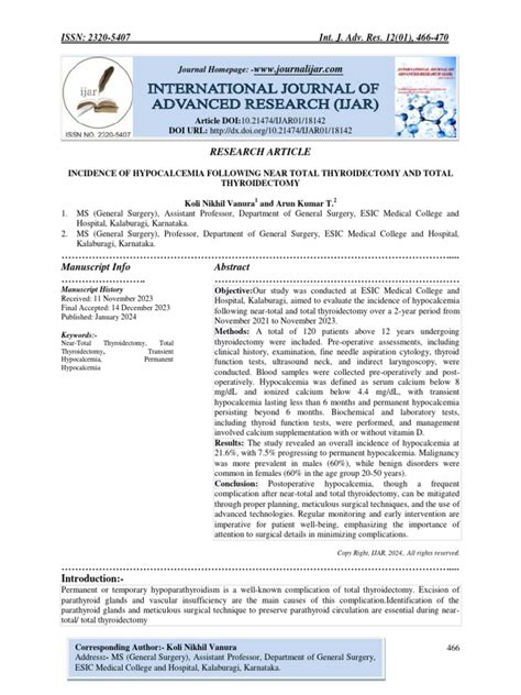 Incidence Of Hypocalcemia Following Near Total Thyroidectomy And Total Thyroidectomy Pdf