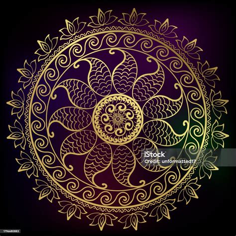 Circle Rangoli Indian Abstract Decorative Design Golden Vector Illustration Isolated Stock