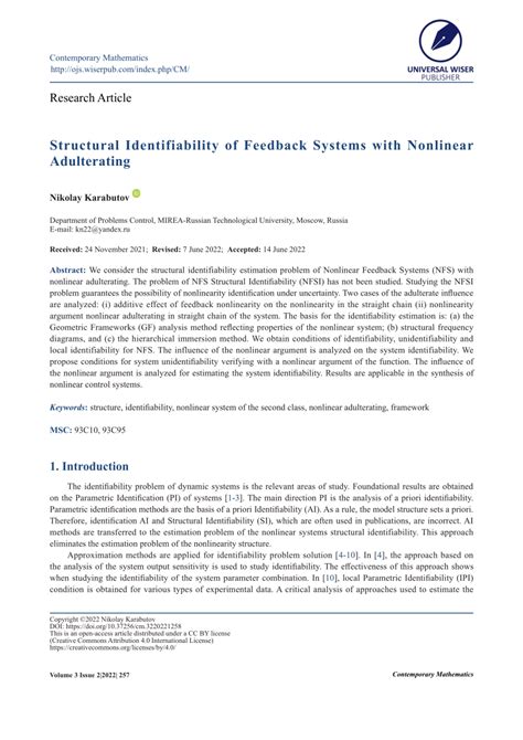 Pdf Structural Identifiability Of Feedback Systems With Nonlinear Adulterating