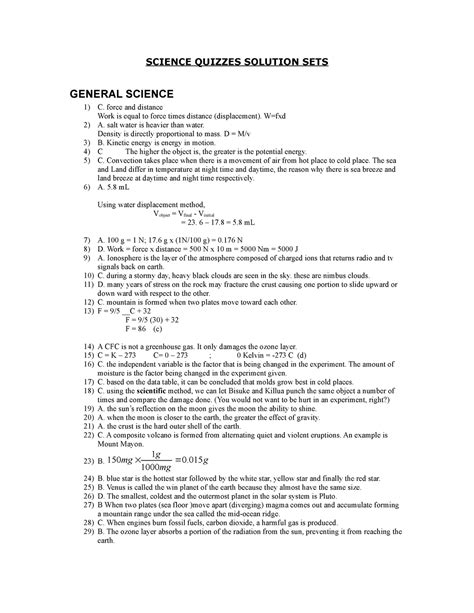 Solution Set For Science Quizzes SCIENCE QUIZZES SOLUTION SETS GENERAL SCIENCE C Force And