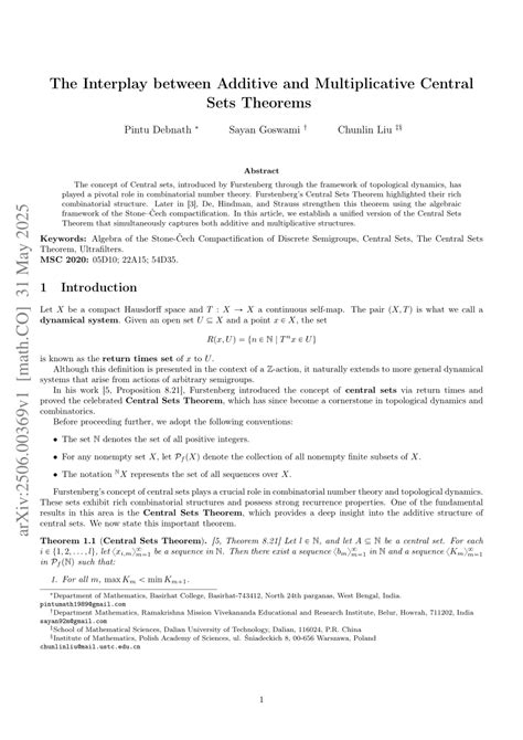 Pdf The Interplay Between Additive And Multiplicative Central Sets Theorems