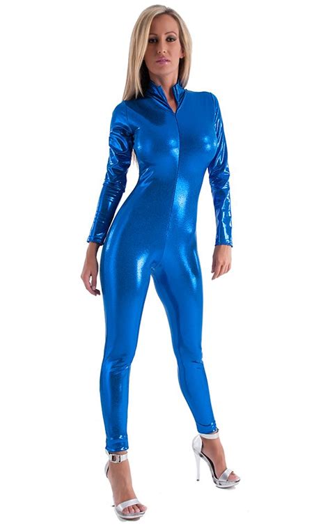Purple Front Zipper Catsuit Bodysuit In Metallic Mystique Bubblegum