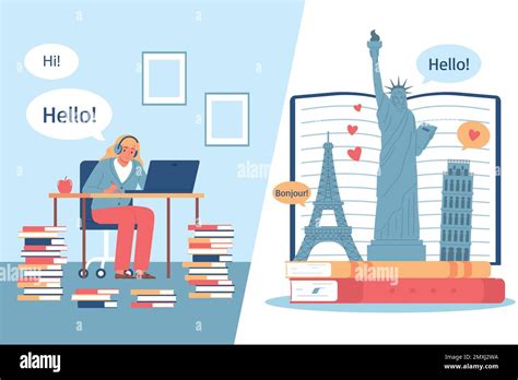 Language Course Flat Composition With Student Learning English Online Vector Illustration Stock