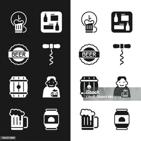 세트 와인 코르크 나사 맥주와 병 모자 해피 아워 맥주 메뉴 나무 배럴 남자 캔과 머그잔 아이콘 벡터 Ale에 대한 스톡 벡터 아트 및 기타 이미지 Istock