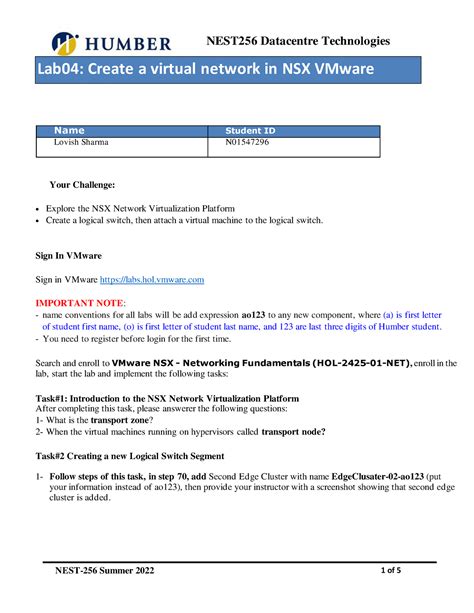 Lab LAB Name Babe ID Lovish Sharma N Your Challenge Explore The NSX Network Studocu