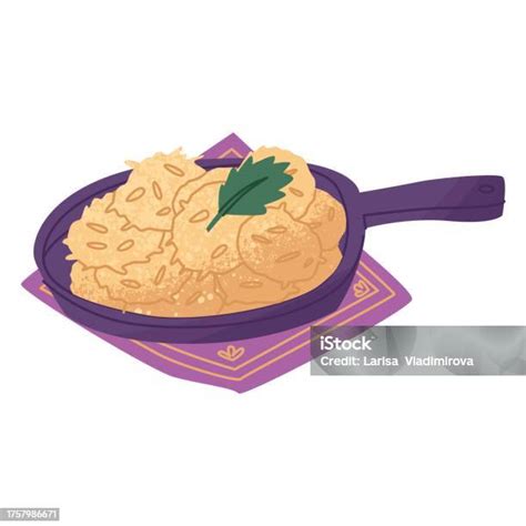 프라이팬에 치즈 또는 감자 팬케이크 전통적인 유대인 명절인 하누카를 기념합니다 가족의 가치와 종교 의식 흰색 배경에 분리된 벡터 그림입니다 12월에 대한 스톡 벡터 아트 및