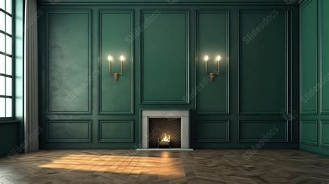 무료 전통적인 스칸디나비아 녹색 인테리어 3d 렌더링된 이미지의 쪽모이 세공 마루 바닥 문과 벽난로 Ppt 배경 Slidesdocs