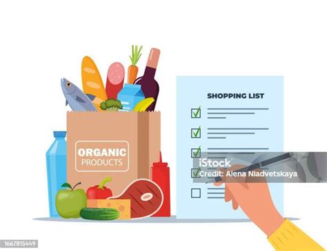 상점에서 쇼핑하기 위한 식료품 목록 마크가 있는 쇼핑 목록 음식 과일 제품 식료품으로 가득 찬 종이 봉지 슈퍼마켓에서 음식을 산다 벡터 그림입니다 가득 찬에 대한 스톡 벡터