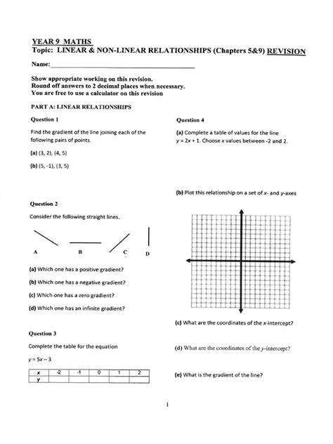 revision linear and non linear relationships pdf