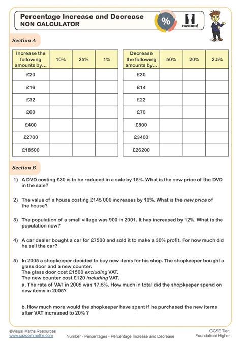 Percentage Increase And Decrease Worksheet Cazoom Maths Worksheets