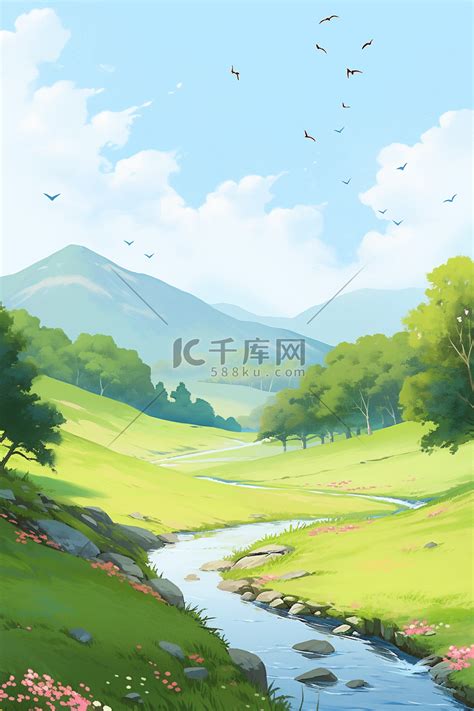 春天绿草手绘小溪海报插画图片 千库网