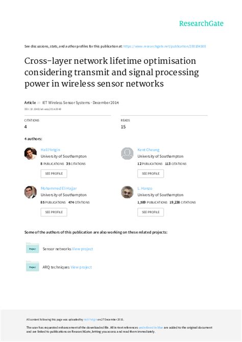Pdf Cross Layer Network Lifetime Optimisation Considering Transmit And Signal Processing Power