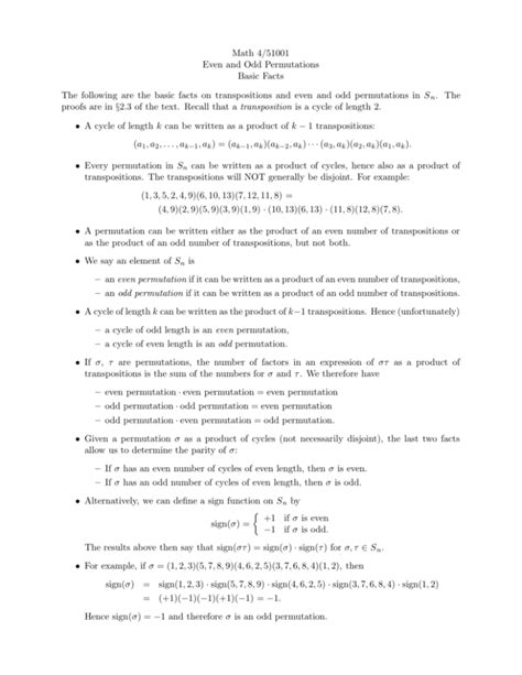 Math 4 51001 Even And Odd Permutations Basic Facts The