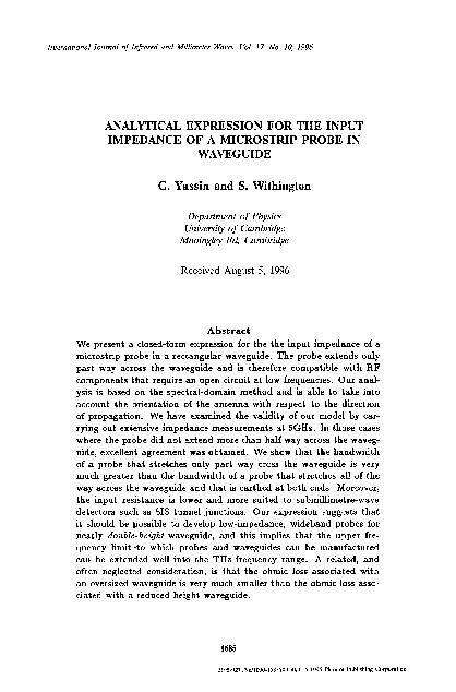 Pdf Analytical Expression For The Input Impedance Of A Microstrip Probe In Waveguide
