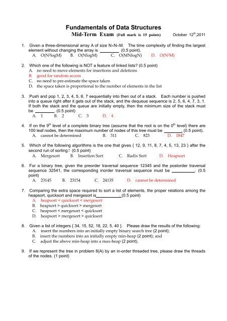Fundamentals Of Data Structures Mid Term Exam Full Mark Is 15