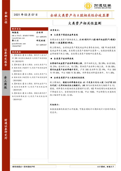 大类资产相关性监测:全球大类资产与a股相关性分歧显著 大类资产相关性监测:全球大类资产与a股相关性分歧显著