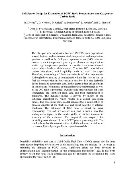 Pdf Soft Sensor Design For Estimation Of Sofc Stack Temperatures And