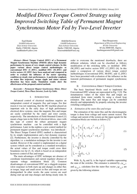 Pdf Modified Direct Torque Control Strategy Using Improved Switching