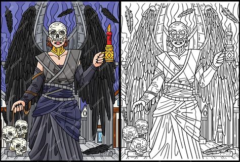 이 색칠 페이지 는 할로윈 의 죽음 의 천사 를 나타 ⁇ 니다 이 그림 의 한 면 은 색칠 되어 있으며 어린이 들 에게 영감 이 됩니다 프리미엄 벡터