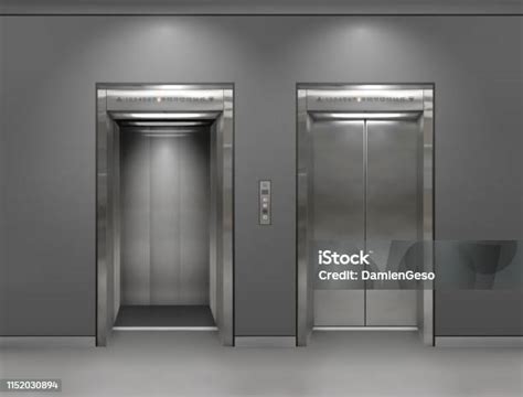 크롬 금속 사무실 건물 엘리베이터 문입니다 개방형 및 폐쇄형 변형 현실적인 벡터 일러스트 레이 션 회색 벽 패널 사무실 건물 엘리베이터 엘리베이터에 대한 스톡 벡터 아트 및