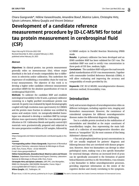 Pdf Development Of A Candidate Reference Measurement Procedure By Id Lc Ms Ms For Total Tau