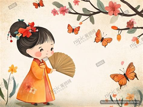 ai创作图抓蝴蝶的小姑娘插画 抓蝴蝶的小女孩 卡通儿童古风 手绘捉蝴蝶的小女孩 抓蝴蝶插画 汉服卡通小女孩 拍蝴蝶的女孩 穿汉服卡通女孩 汉服