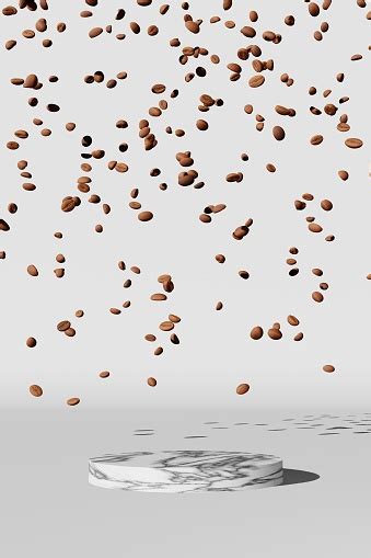 빈 대리석 연단에 떨어지는 커피 원두를 흰색 배경 가혹한 그림자 3d 렌더링 상품 파우치 가방 프로모션 장소 0명에 대한 스톡 사진 및 기타 이미지 Istock