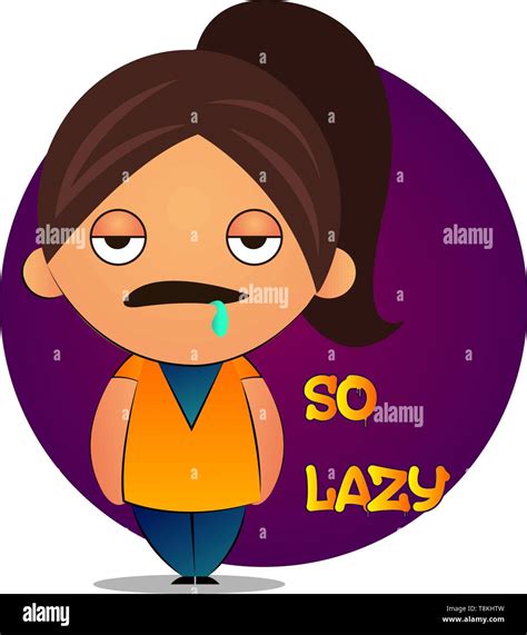 Lazy Girl With Brown Ponytail And Purple Background Illustration