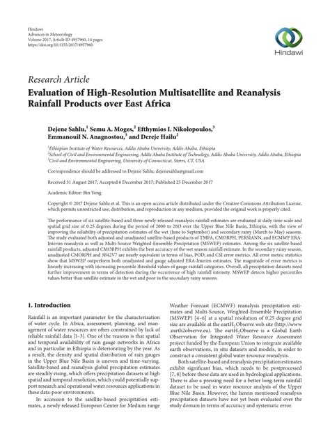 Pdf Evaluation Of High Resolution Multisatellite And Reanalysis Rainfall Products Over East Africa
