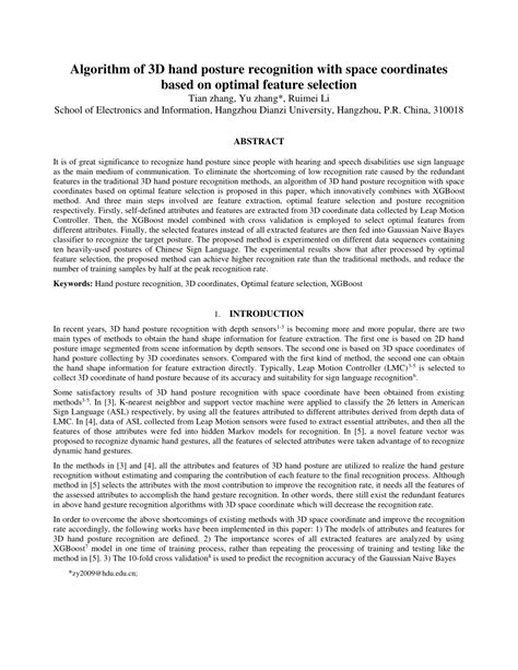 Pdf Algorithm Of 3d Hand Posture Recognition With Space Coordinates Based On Optimal Feature
