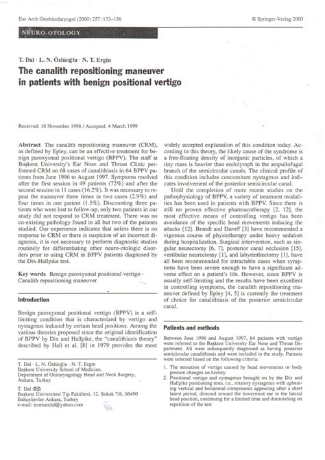 Pdf The Canalith Repositioning Maneuver In Patients With Benign Positional Vertigo