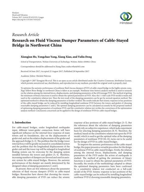 Pdf Research On Fluid Viscous Damper Parameters Of Cable Stayed