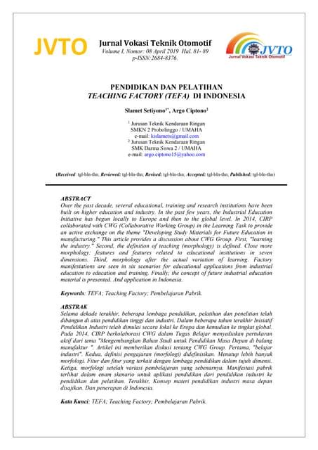 Pendidikan Dan Pelatihan Teaching Factory Tefa Di Indonesia Pdf