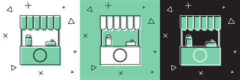 흰색과 녹색 검은 색 배경에 고립 된 차양과 나무 랙 아이콘으로 거리 포장 마차를 설정합니다 나무 선반 키오스크 벡터 일러스트레이션 가능성에 대한 스톡 벡터 아트 및 기타