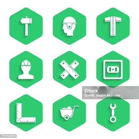 교차 눈금자 삽 렌치 스패너 전기 콘센트 코너 작업자 안전 헬멧 T스퀘어 라인 및 해머 아이콘을 설정합니다 벡터 0명에 대한
