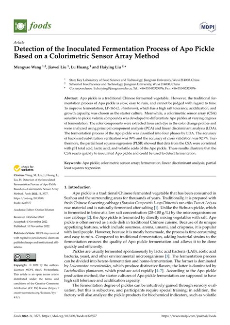 Pdf Detection Of The Inoculated Fermentation Process Of Apo Pickle Based On A Colorimetric