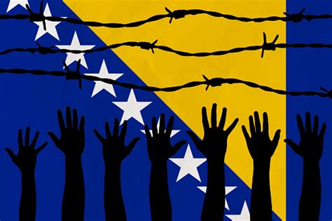 보스니아 헤르체고비나 깃발은 철조망 울타리 뒤에 있습니다 사람들의 손입니다 자유와 선전 개념 Revolution에 대한 스톡 벡터 아트 및 기타 이미지 Istock