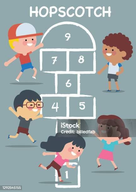 홉스카치를 연주하는 다양한 민족 그룹의 아이들 어린이 벡터 일러스트레이션 거리에 대한 스톡 벡터 아트 및 기타 이미지 거리 금발 머리 돌차기놀이 Istock