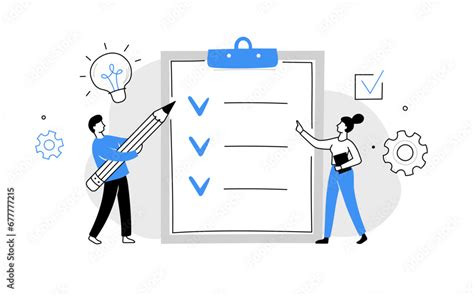 Checklist Survey List Task Plan On White Clipboard Paper With Doodle Line People Man With A