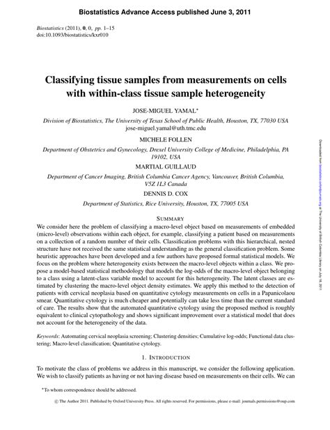 Pdf Classifying Tissue Samples From Measurements On Cells With Within